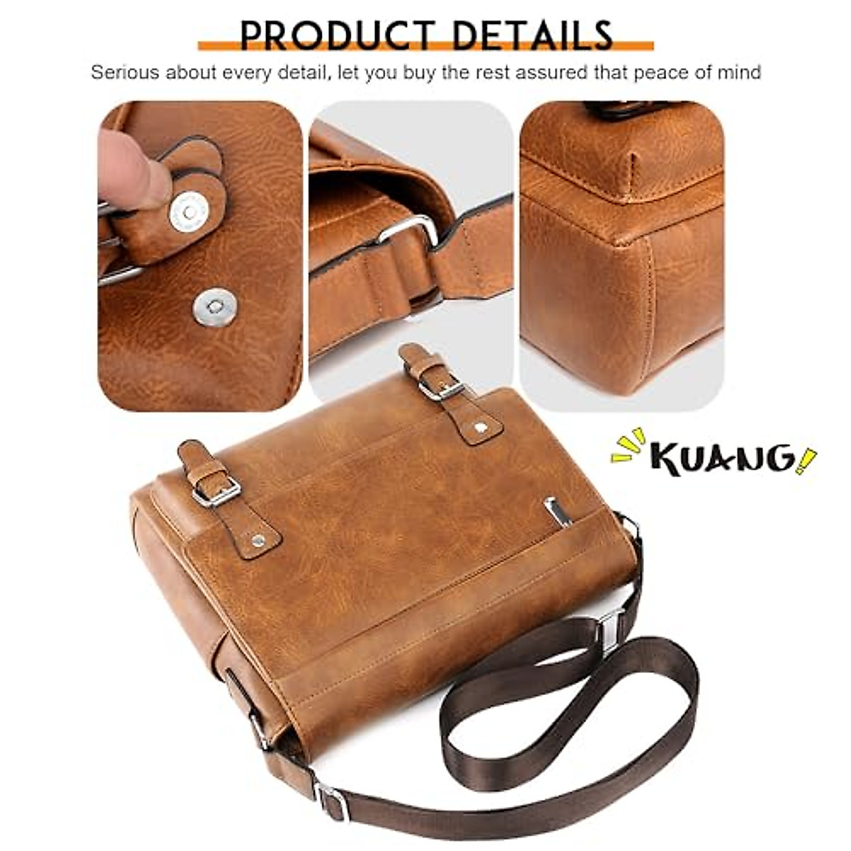 KUANG! Men's Shoulder Bag PU Leather Business Messenger Bag Briefcase Travel Crossbody Multi Pockets Handbag Purse