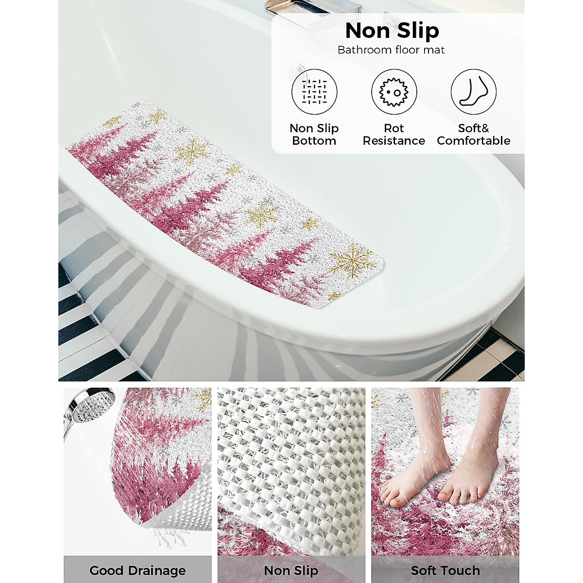Shower Mat Non Slip Bathtub Mat Pink Christmas Xmas Tree Golden Snowflake Bath Mat Soft Loofah Shower Mats for Shower Tub Bathroom Quick Drying Foot Mat, 16x36 Inch