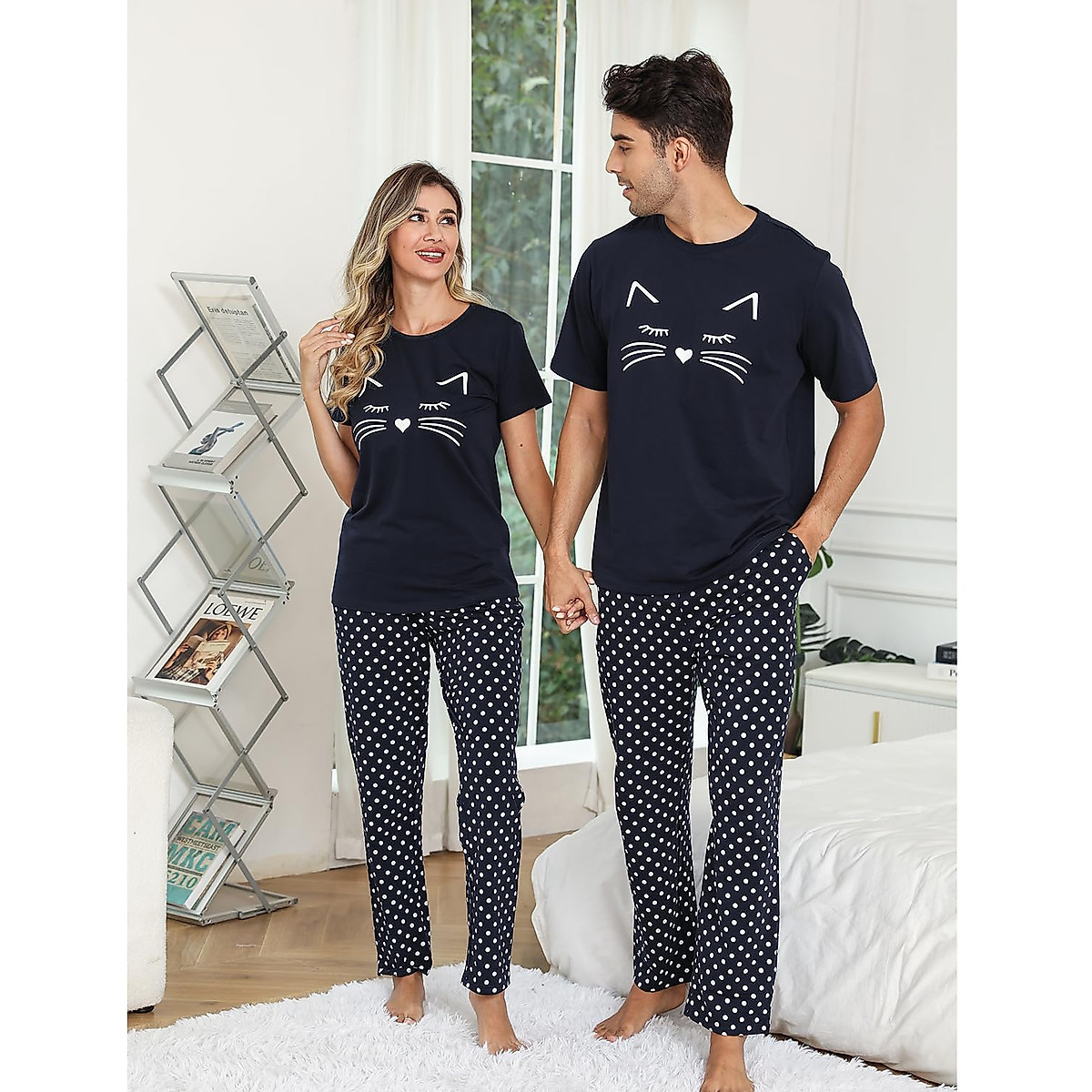EISHOPEER Women's Pajama Set Printed Short Sleeve Top & Long Pants Sleepwear Pjs Sets Navy Blue XS