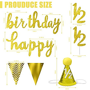 LHMTQVK Happy 1/2 Birthday Banner Pre-Strung 6 Months Banner, Half Birthday Banner 1/2 Birthday Crown Hat, 1/2 Half Year Cake Topper- for Baby's 6 Months Birthday Party Decoration Set… (Gold)