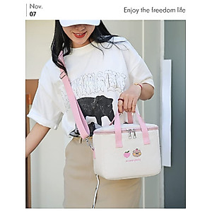Kawaii Lunch Bag Cute Embroidery Lunch Box Reusable Thermal Cooler Lunch Tote Bag for Back to School Supplies (Pink)
