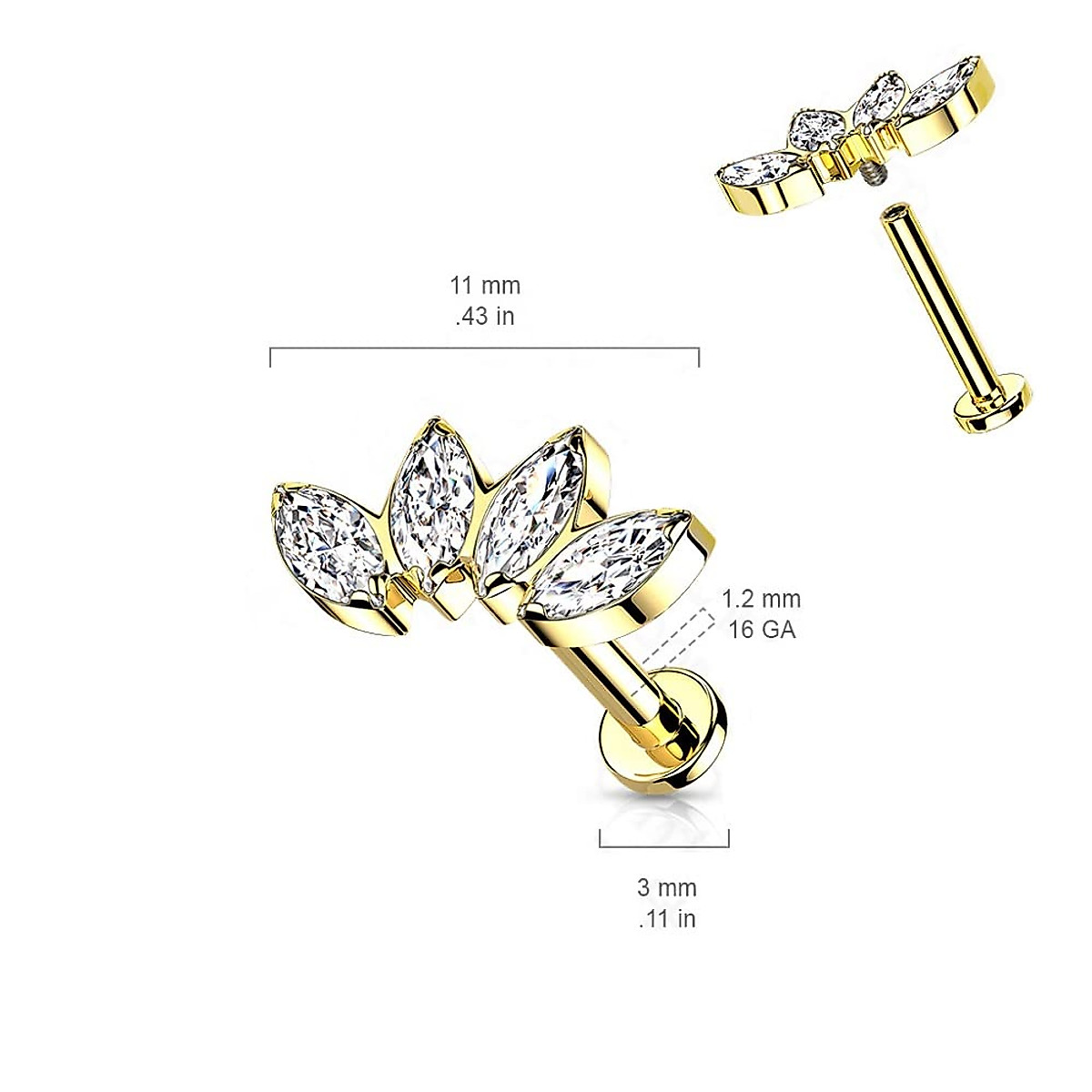 Pierced Owl 16GA G23 Implant Grade Titanium Four Marquise CZ Crystal Fan Internally Threaded Stud (Gold Tone)