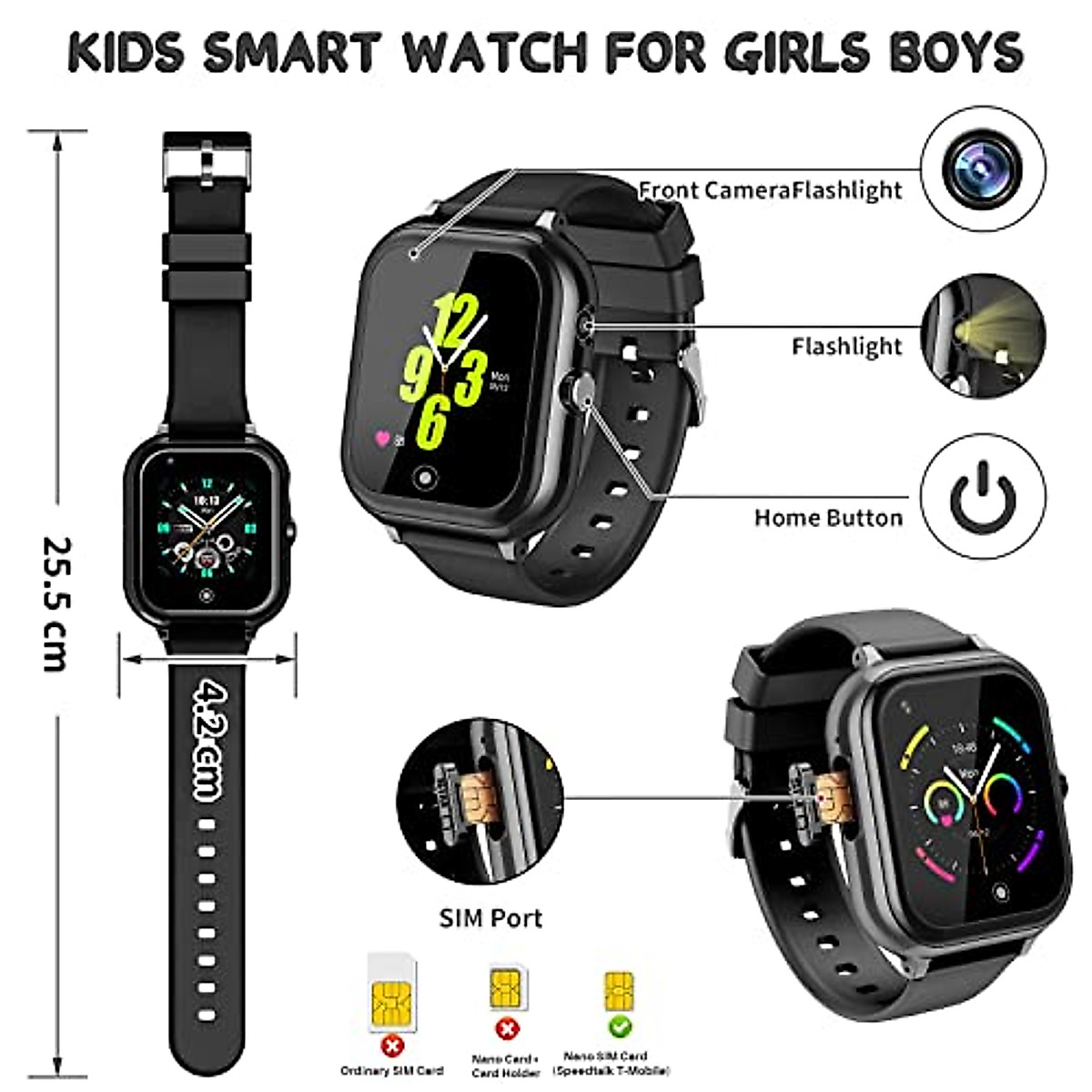 cjc 4G Smart Watch for Kids with SIM Card , Kids Phone Smartwatch GPS Position , Call Voice & Video Chat, SOS, WiFi, Music，Watch with Lanyard for Children Ages 3-12 Ship from US (Black)