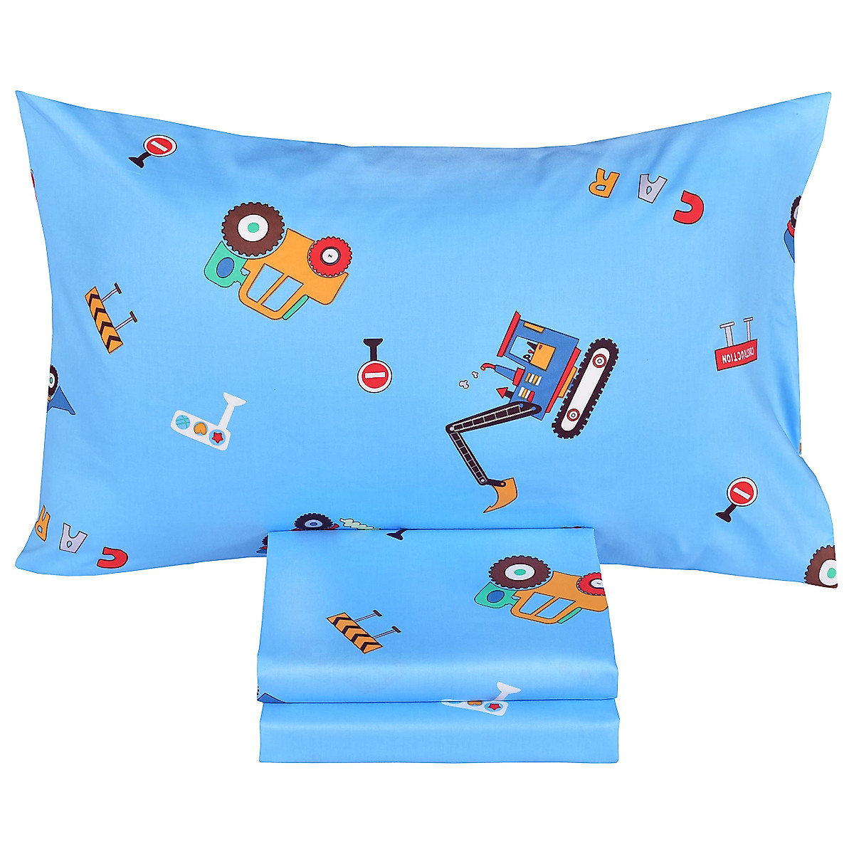 J-pinno Cars Vehicles Digger 100% Cotton 3 Pieces Cartoon Toddler Sheet Set for Kids Boys, Flat Sheet Fitted Sheet and Pillowcase, Cozy Breathable Unisex Nursery Crib Bedding Set (Blue Excavator)