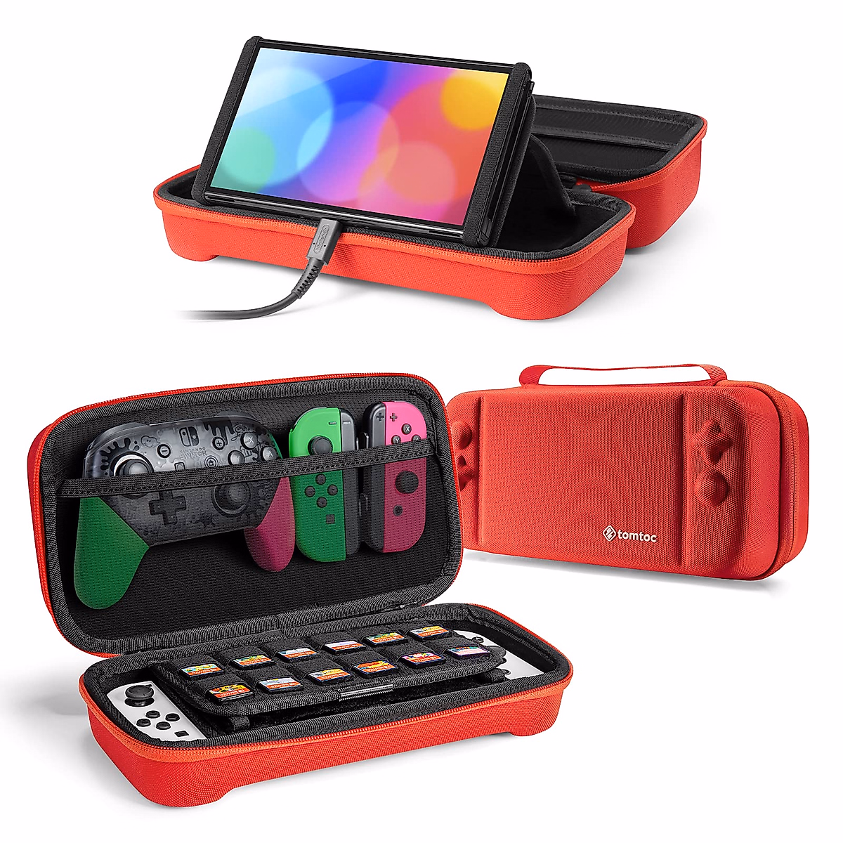 tomtoc Carrying Case for Nintendo SwitchOLED Model, Large Travel Switch Case with Pocket for Pro Controller, Joycon Grip or AC Adapter, Protective Portable Carry Case with 24 Game Cartridges,