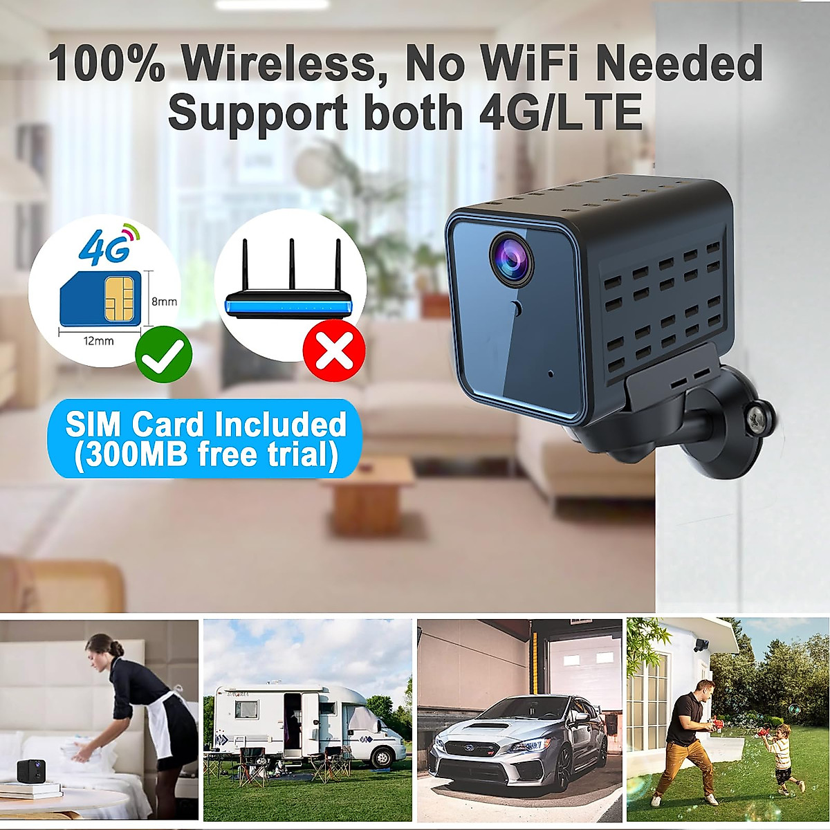 No WiFi Security Camera, Cellular Security Camera, SIM Card Included, Not Support WiFi, Radar Motion Sensor, FHD 4G Car Security Camera, 20-Day Standby Battery Life, Portable Cellular Trail Cameras