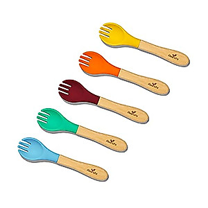 Avanchy® Baby Fork Set, Bamboo and Silicone Spork Utensils, Toddler Baby Led Weaning Silverware Cutlery Flatware, Kids First Self Feeding, 5 Pack, with Blue Fork