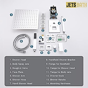 (Updated) JetsBath Shower Jets Rain Shower System with 12'' Ceiling Shower & Hand Shower, Overhead Full Body Shower System with Body Shower Spray Jets Chrome Rain Shower Set, JB3412C-CH