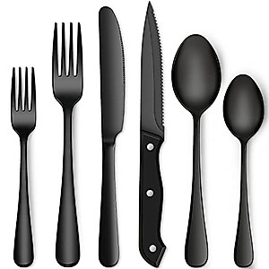48-Piece Matte Black Silverware Set with Steak Knives for 8, Food-Grade Stainless Steel Flatware Set, Includes Spoons Forks Knives, Kitchen Cutlery For Home Office Restaurant Hotel