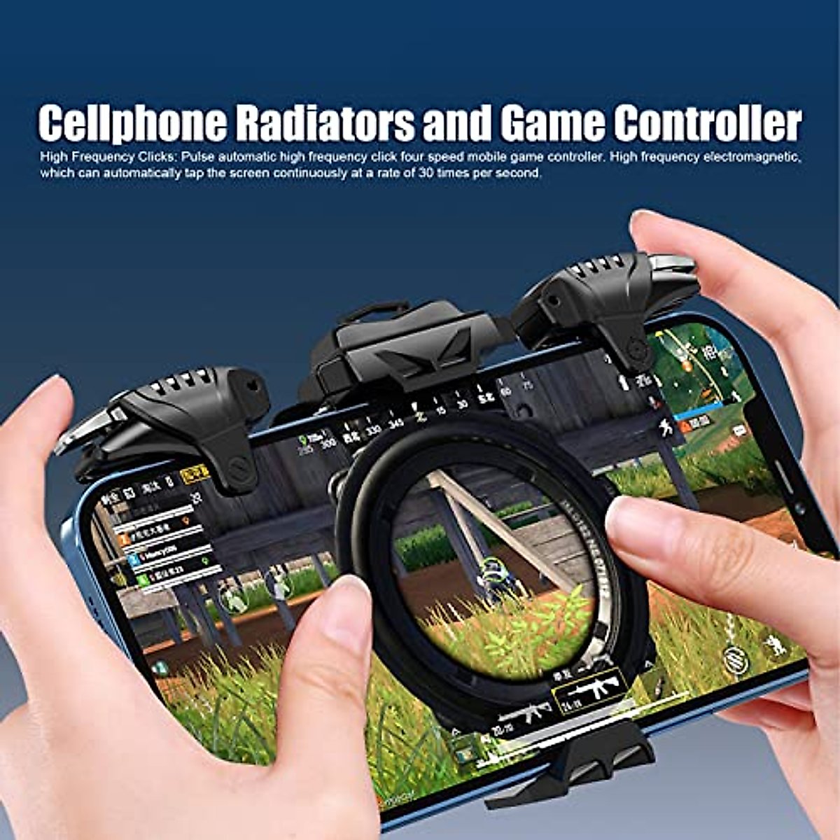 Cell Phone Cooler Mobile Game Controller PUBG Game Controller Trigger Grip Cellphone Radiators, 2Gear Positions Fan and 4 Button Pulse Gears for 6.5 to 9.5mm Thickness Mobile Phone