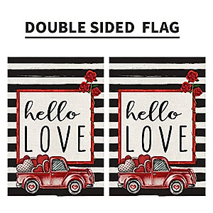Hello Love Valentines Day Garden Flag Burlap 12×18 Inch Vertical Double Sided, Red Truck and Love Farmhouse Rustic Seasonal Yard Outdoor Decorations DF165