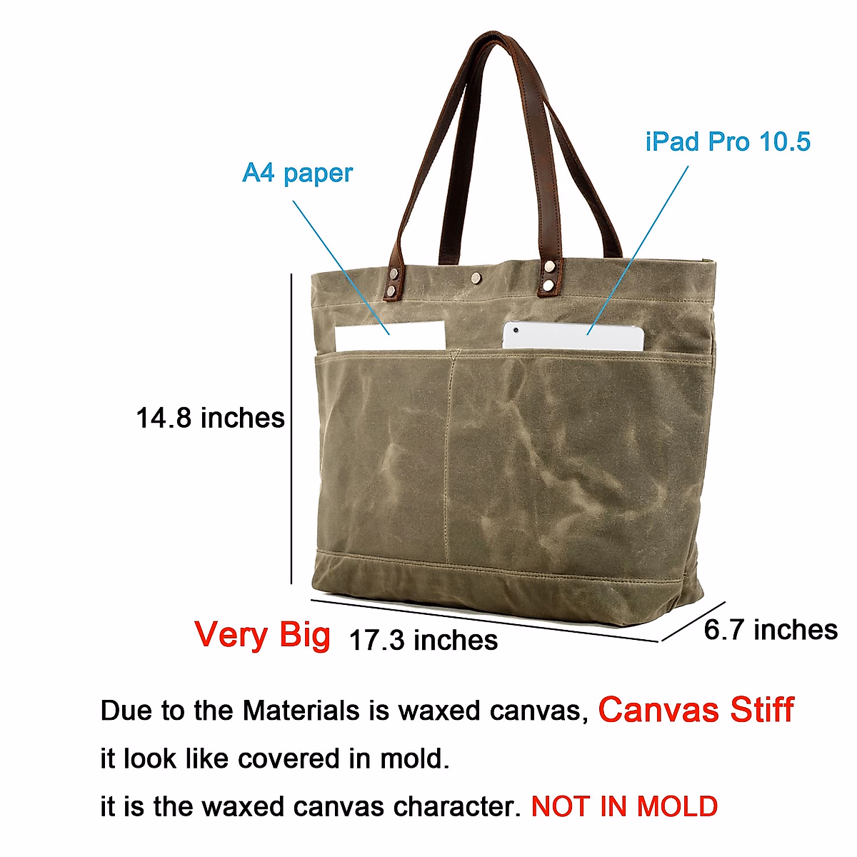 WUDON Waxed Canvas Travel Tote Bag - Extra Large Carryall Shoulder Bag for Women (Green)