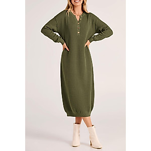 PRETTYGARDEN Women's 2024 Fall Knit Sweater Dress Long Sleeve Button V Neck Loose Casual Maxi Dresses (Black,X-Large)