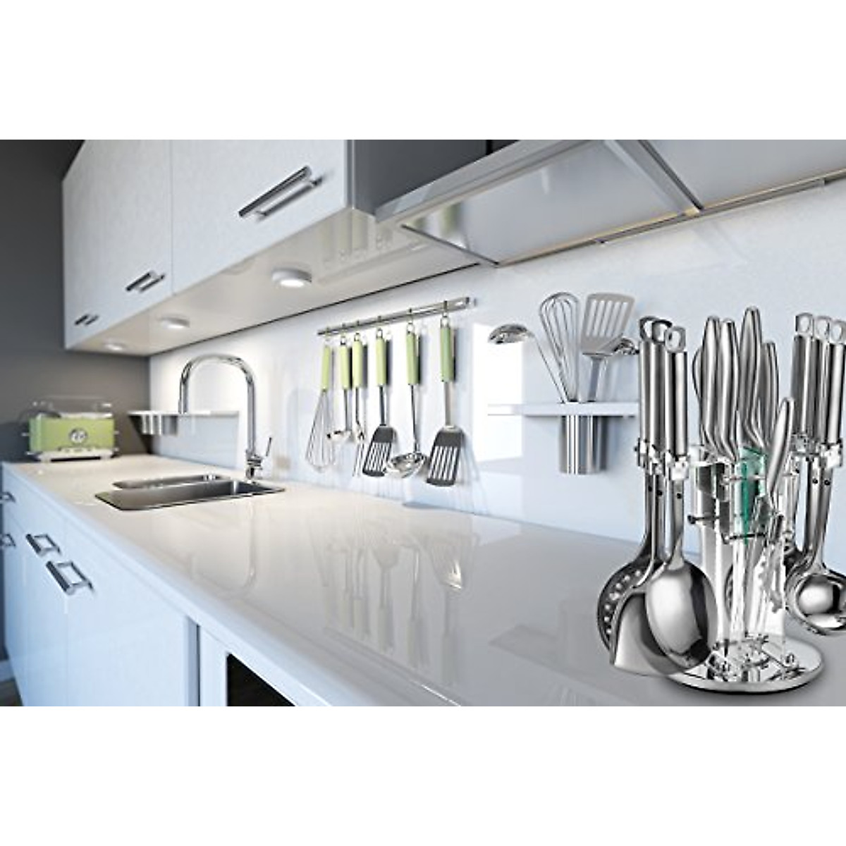 Oak & Steel 13 All-In-One Stainless Steel Chef Knife & Kitchen Cooking Utensil Set - Rotating Stand with Built-in Sharpener, 7 Cooking Tools, 5 Professional Knives