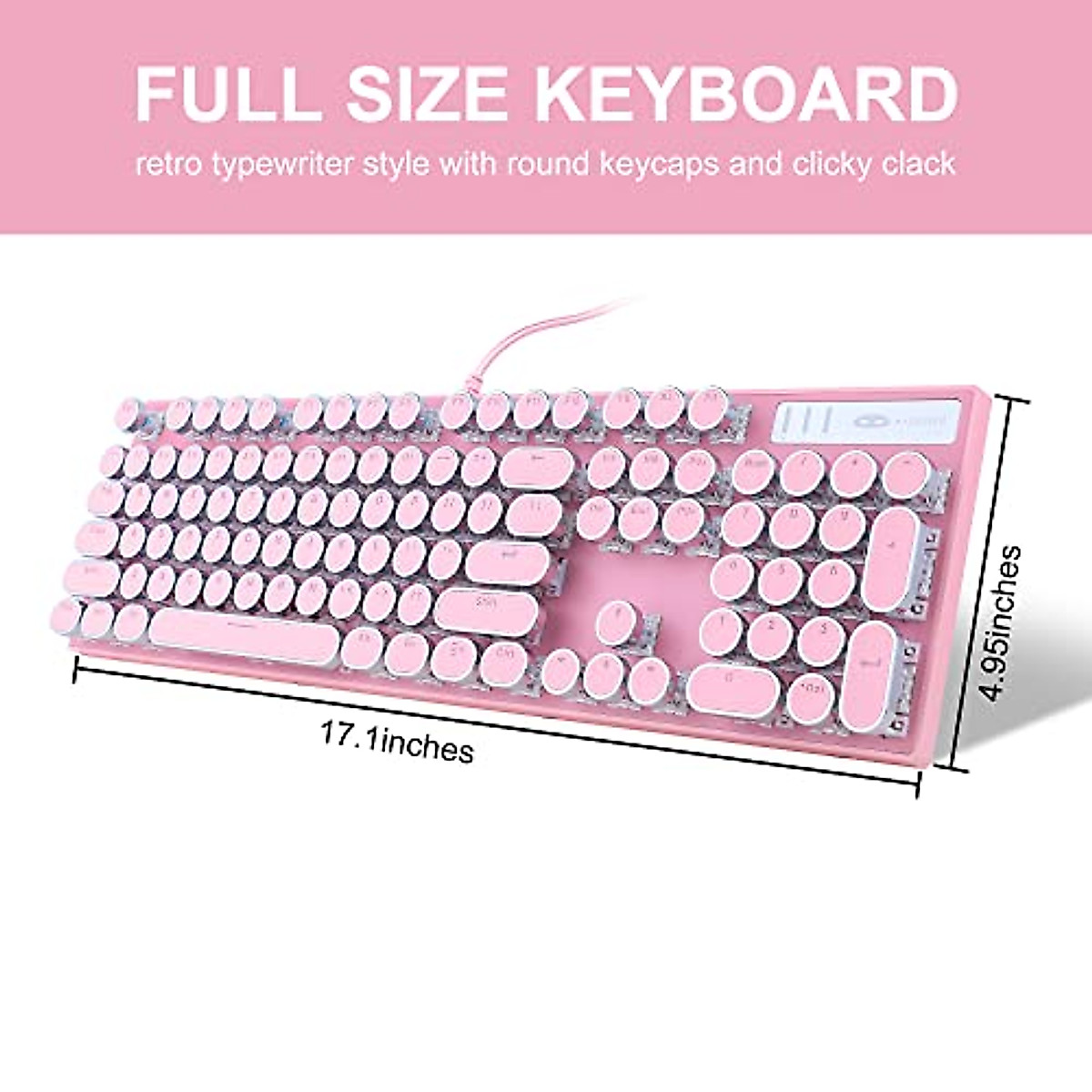 Camiysn Typewriter Style Mechanical Gaming Keyboard, Pink Retro Punk Gaming Keyboard with White Backlit, 104 Keys Blue Switch Wired Cute Keyboard, Round Keycaps for Windows/Mac/PC