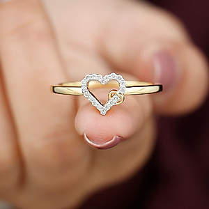 Diamond Open Heart Promise Ring for Women| HI Color SI Clarity| Certified Jewelry, 14K Yellow Gold, Size:US 11.50