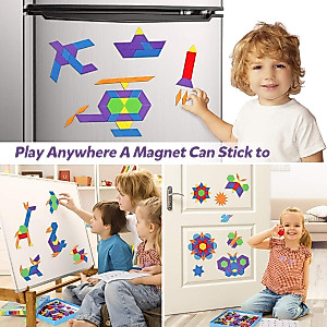 Vanmor 216PCS Magnetic Pattern Blocks Set Complete with 298 Pattern Book & Magnet Board, Magnetic Shapes for Kids, Educational Montessori Tangram Toy for Children Aged 3-8