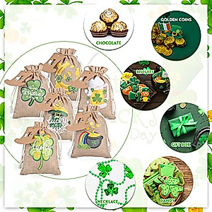 24 Pack St. Patricks Day Burlap Gift Bags Saint Patrick's Day Party Favor Bags Irish Shamrock Burlap Bags Rustic Small Treat Bags with Drawstring Gift Tag and Rope for St. Patricks Day Party Supplies