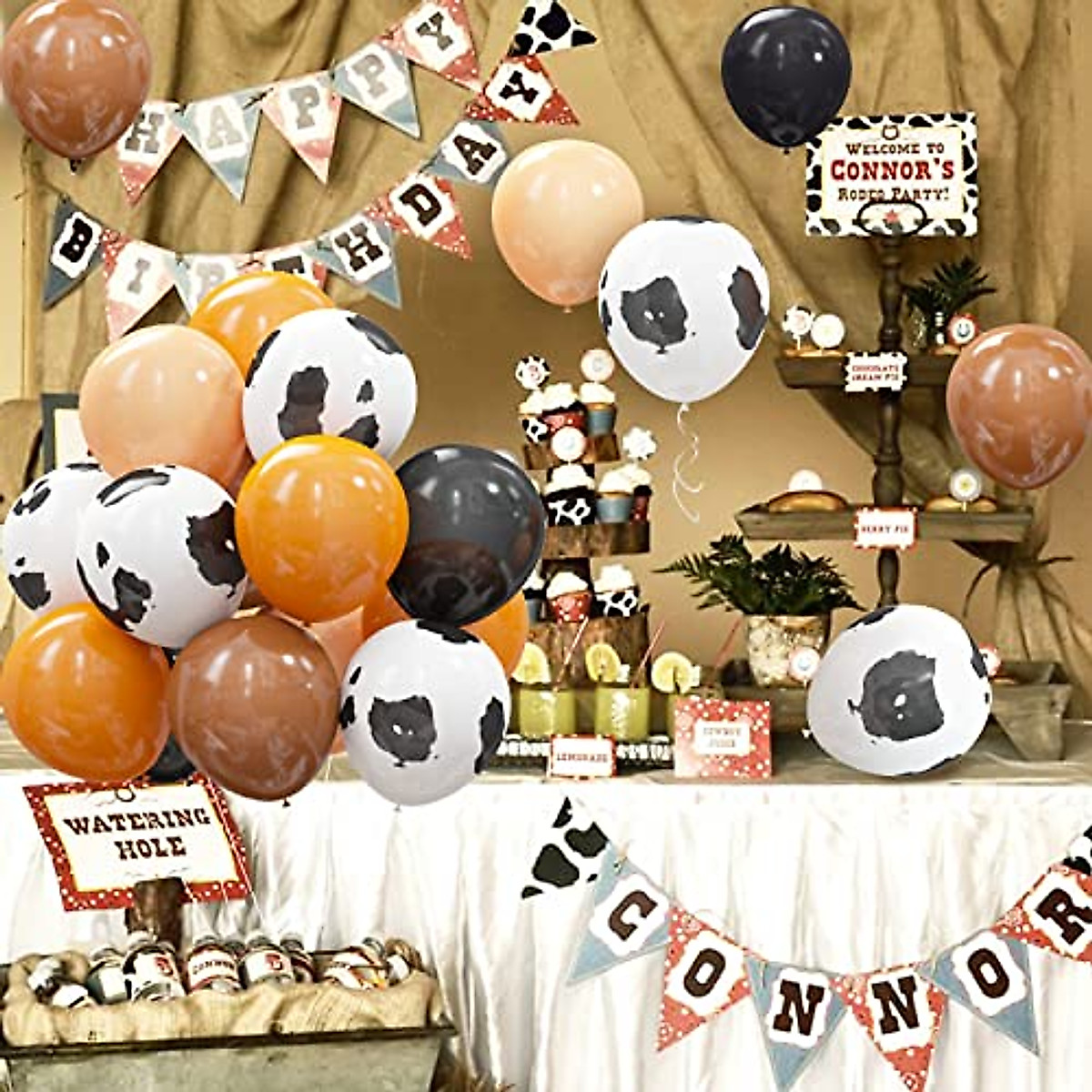 130pcs Party Cow Balloons Garland Arch Kit - Mixed Brown Black Cow Print Balloons for Western Cowboy Cowgirl Themed Party Baby Shower Farm Birthday Party Decoration Supplies