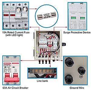 TWTADE Metal Solar Combiner Box,4 String PV Combiner Box with LED 15A Rated Current Fuse and 63A Air Circuit Breaker & Surge Protective Device,for On/Off Grid Solar Panel System