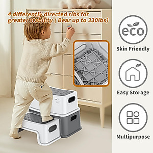 INNOWEST Step Stool for Kids (Ducks Included), 2 Step Stool for Bathroom Sink, Anti-Slip Sturdy Toilet Potty Training Toddler Stool with Handles (Grey)