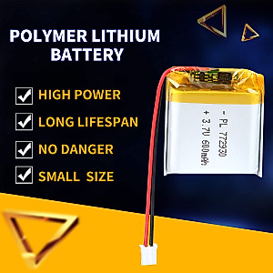 AKZYTUE 3.7V 600mAh 772930 Lipo battery Rechargeable Lithium Polymer ion Battery Pack with PH2.0mm JST Connector