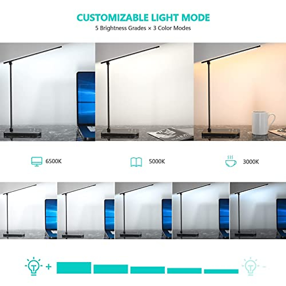 WEIDUOYI LED Desk Lamp Dimmable Home Office Lamp with USB Charging Port Reading Light Table Desk Lamps, Eye-Caring Table Lamp 45mins Timer Desk Light for Working and Reading Black