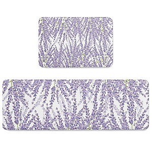 LooPoP Kitchen Comfort Mat Set of 2 Lavender Flower Pattern Waterproof Anti-Fatigue Standing Mats Wipeable Rugs for Kitchen Purple 15.7x23.6inch+15.7x47.2inch