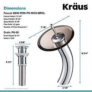 Single Lever Vessel Glass Waterfall Bathroom Faucet Chrome with Brown Clear Glass Disk and Matching Pop Up Drain