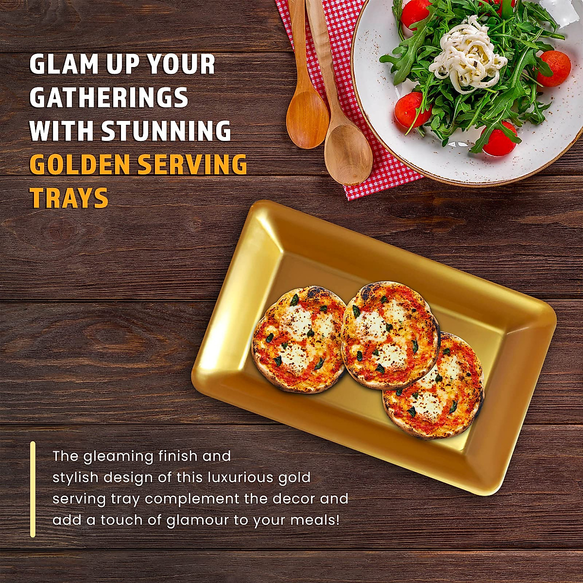 Yumchikel Plastic Serving Tray Set, Hard Plastic Serving Platters for Serving Food, Gold Serving Trays for Parties, Weddings, Food Trays for Party Buffet, Dessert Tables, 10" x 14", 4 Pack