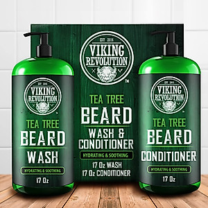 Viking Revolution Tea Tree Oil Beard Wash and Beard Conditioner For Men - Natural Beard Softener Set with Argan Oil, Vitamin E and Ginseng - Beard Shampoo and Conditioner Set (17 Oz)