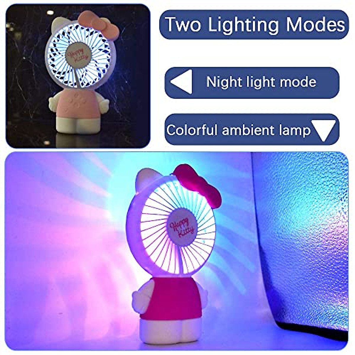 Portable Personal Small Desk Fan, Mini fans USB Battery operated Cute Kitty Cat Design, With Small Night Light And LED Colorful Atmosphere Light (Pink)
