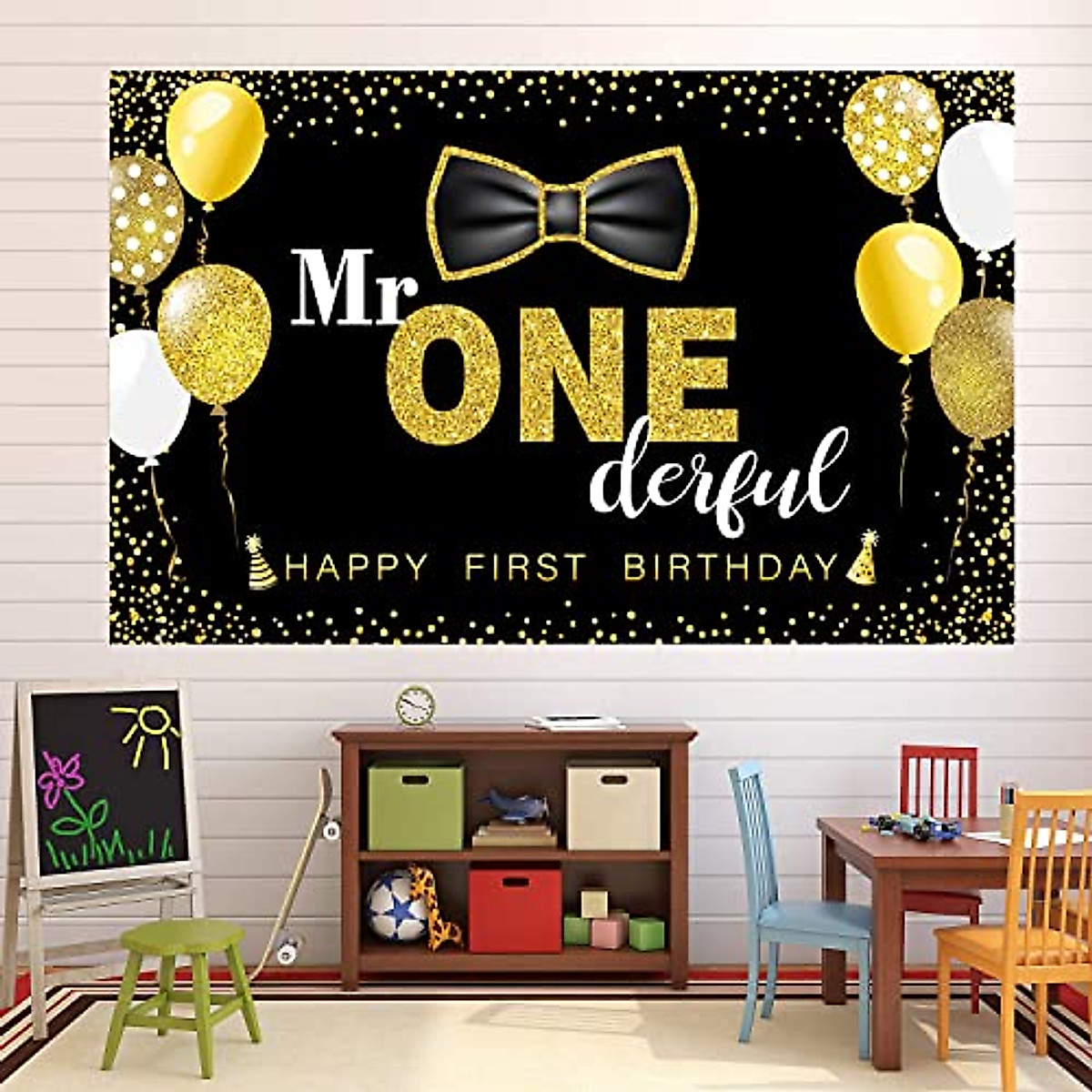 Mr. Onederful Birthday Party Decorations for Boys Happy 1st Birthday Banner Backdrop Large First Birthday Cake Table Decor Mr One Party Favor Supplies (Black and Gold)