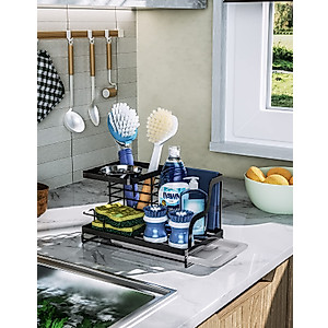 Consumest 5 in 1 Kitchen Sink Organizer with Removable Drain Tray, Quick Draining Kitchen Sink Caddy Rustproof Stainless Steel Sink Sponge Holder for Sponge, Cleaning Towel, Scrubber, Black