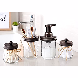 Mason Jar Bathroom Accessories Set - Includes Mason Jar Foaming Hand Soap Dispenser and Toothbrush Holder - Rustic Farmhouse Decor Apothecary Jars Bathroom Countertop and Vanity Organizer (Bronze)