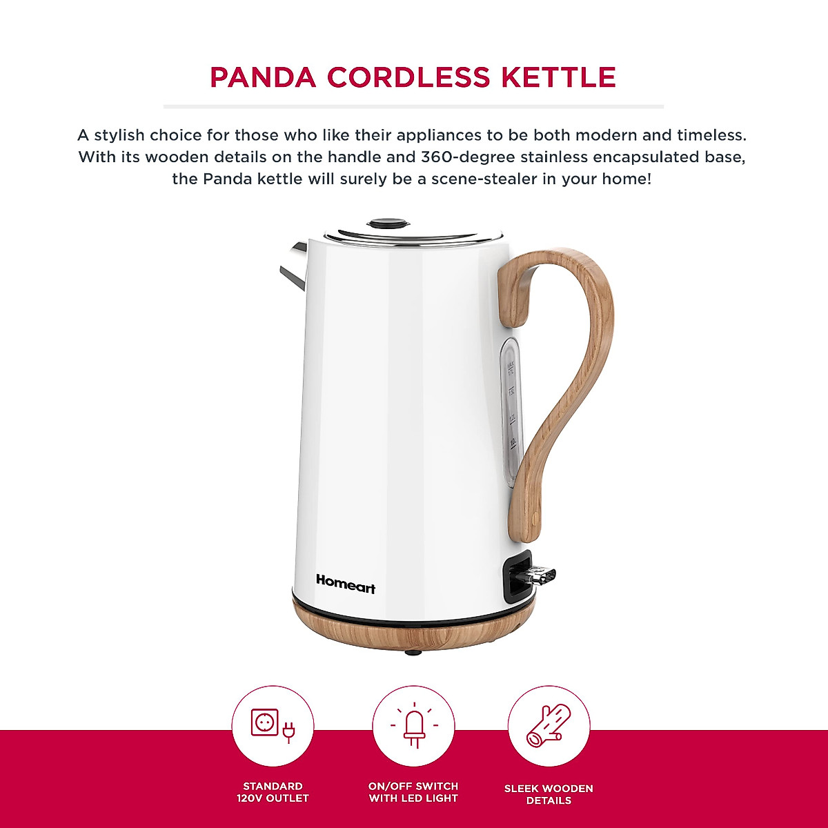 Homeart Panda Cordless Electric Kettle with Wood Detail - Stainless Steel With Removable Filter, Fast Boiling and Auto Shut-off - 1.7L Capacity, White