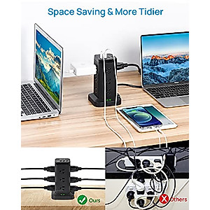 BEVA Power Strip Tower with USB Ports, 10 FT Surge Protector Power Tower, 12 AC and 4 USB Ports, 10 FT Extension Cord with Multiple Outlets, Household Essentials Office Supplies Office Organization