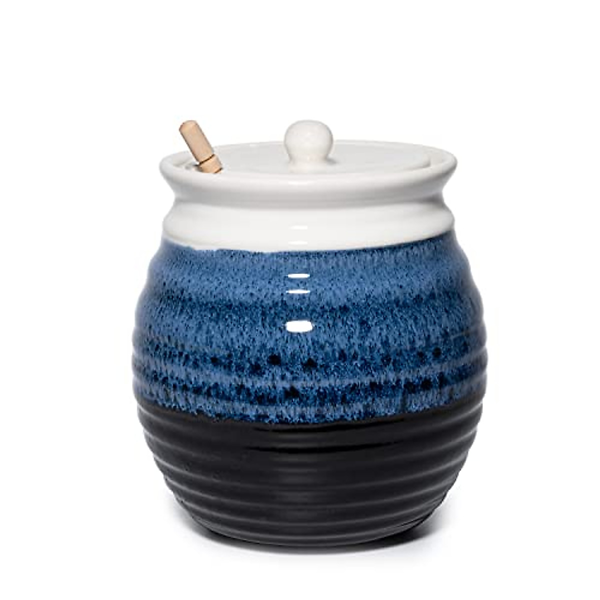 Honey Jar Pot By Gute 6"H - Elegant & Modern Ceramic With Dipper & Lid Rosh Hashanah Gift - Home Kitchen Honey and Syrup, Gorgeous Blue Beehive Honey Jar, Great For Jam, Jelly, 14oz (Ocean Blue)
