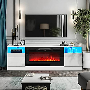 oneinmil Fireplace TV Stand with 36" Electric Fireplace, LED Light Entertainment Center, Modern Wood Texture Entertainment Stand with Highlight Storage Cabinet for TVs Up to 80", 70 inches,White