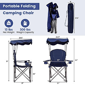 Goplus Beach Chair with Canopy Shade, Folding Lawn Chair with Umbrella Cup Holder & Carry Bag, Portable Sunshade Chair for Adults for Outdoor Travel Hiking Fishing (Blue)