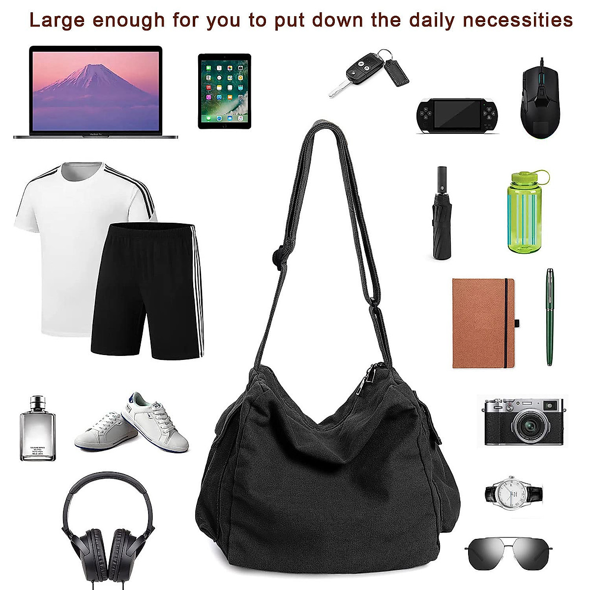 WantGor Canvas Crossbody Bag for Women Men, Large Shoulder Tote Bag Work Handbag Casual Hobo Bags (Black)