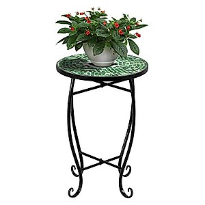 GRAFFY Outdoor Mosaic Side Table, 14 Inch Patio End Table, Round Printed Glass Table with Steel Frame for Garden/Yard/Lawn/Balcony and Home Decor Small End Table (Green)