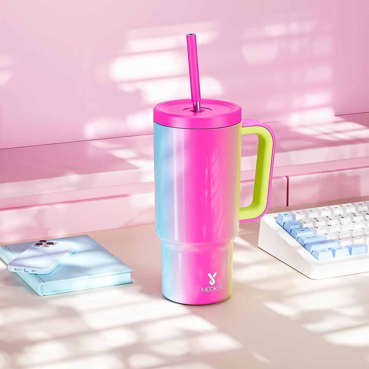 Meoky 24 oz Tumbler with Handle and Straw, 100% Leak-proof Tumbler with Lid and Straw, Insulated Stainless Steel Travel Coffee Mug, Keeps Cold for 24 Hours (Carnival)