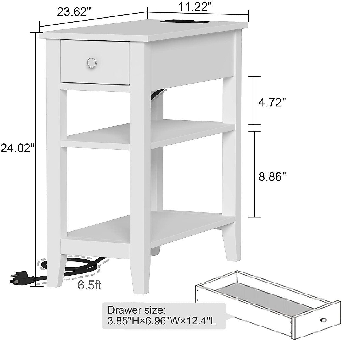 ChooChoo Narrow End Table with Charging Station, Side Table Living Room with USB Ports & Power Outlets and Hidden Drawer, 3-Tier Skinny Nightstand with 2 Open Storage Shelves for Small Place (White)
