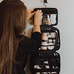 Jadyn Hanging Toiletry Bag, Expandable Toiletry Organizer for Women, Water Resistant Large Travel Cosmetic Bag for Full Size Makeup, Toiletries, Lotion, Shampoo, Accessories (Navy Floral)