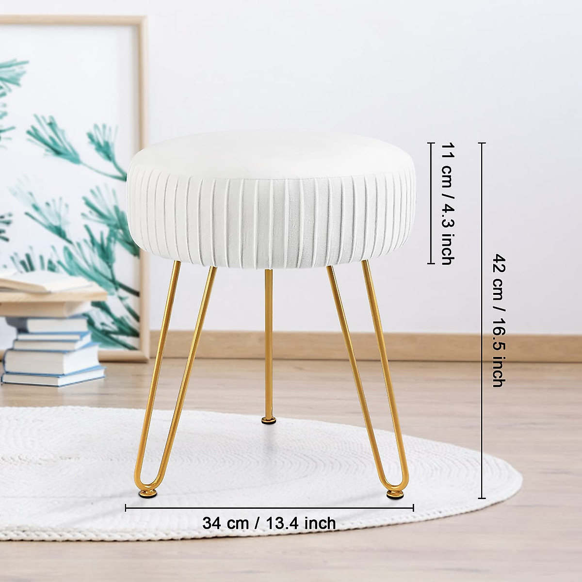TOUCH-RICH Stripe Velvet Vanity Chair Round Ottoman,Upholstered Vanity Makeup Footstool Side Table Dressing Chair with Golden Metal Legs (Beige, Round-Normal)