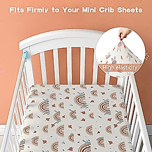 Pack and Play Sheets 2 Pack Stretchy Pack N Play Sheets with Elastic Band, Portable Mini Crib Sheets Fitted Most Standard Size Crib Mattress, Soft and Breathable Material(Rainbow and Rabbit)