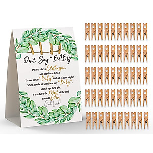 Don't Say Baby Sign, Baby Shower Clothespin Game, Includes a 5x7 Standing Sign and 50 Mini Natural Clothespins - Toctose041