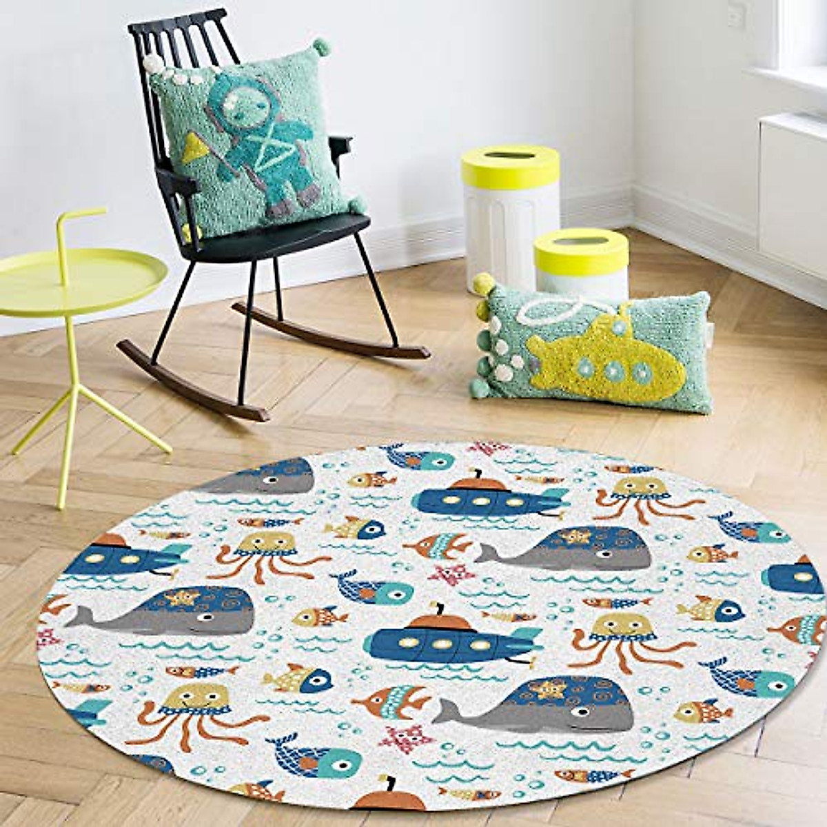 Round Modern Area Rug Mats for Living Room Cute Submarine Whale Fish Octopus Cartoon Ocean Sea Life Pattern Non-Slip Floor Mat Carpet Soft Throw Rug Comfort Accent Rug for Kitchen/Kids Room