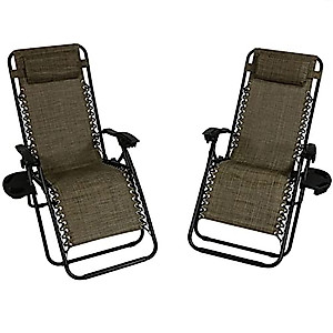 Sunnydaze Outdoor XL Zero Gravity Chair 2 Pack with Pillow and Cup Holder Folding Patio Lawn Recliner Dark Brown Set of 2